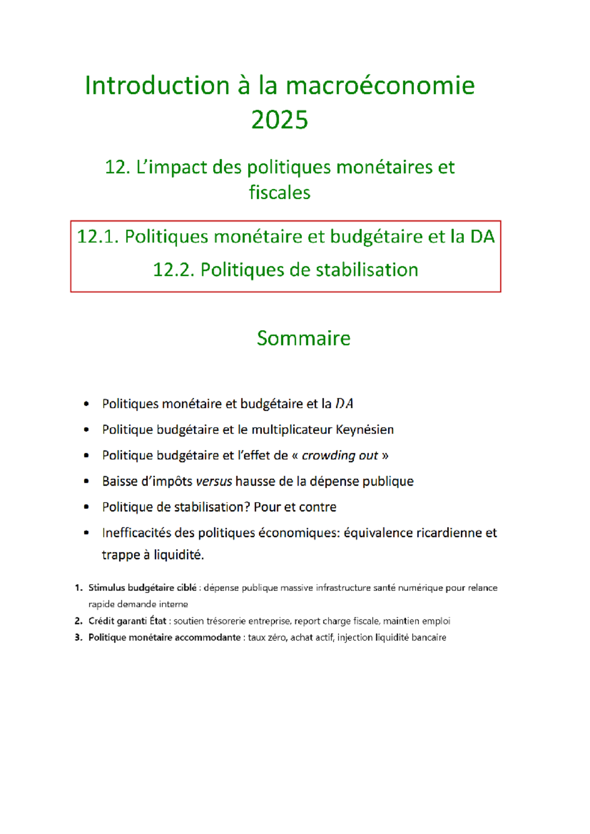 Introduction à la macroéconomie BARI 2025 - Chapitre 12: Politiques ...
