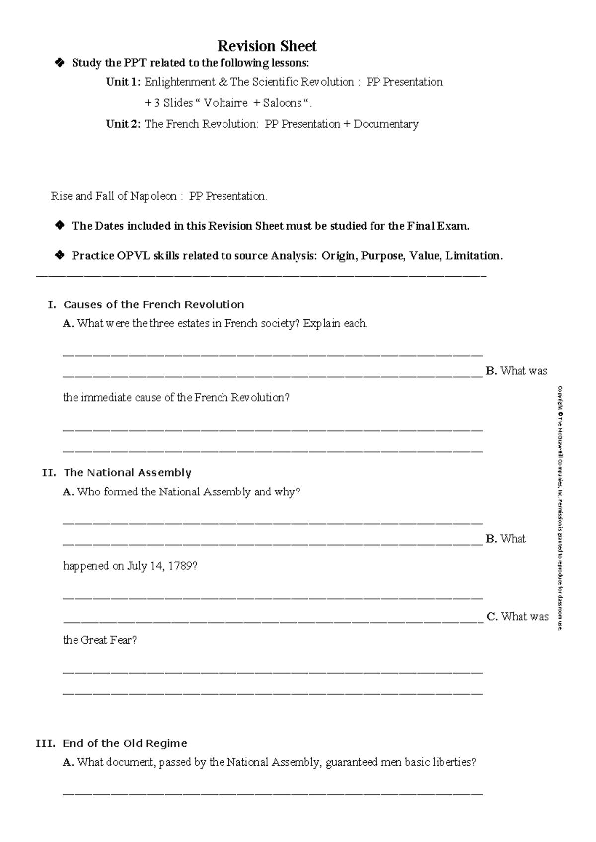 Y4 Final Exam Revision Sheet: Enlightenment & French Revolution - Studocu