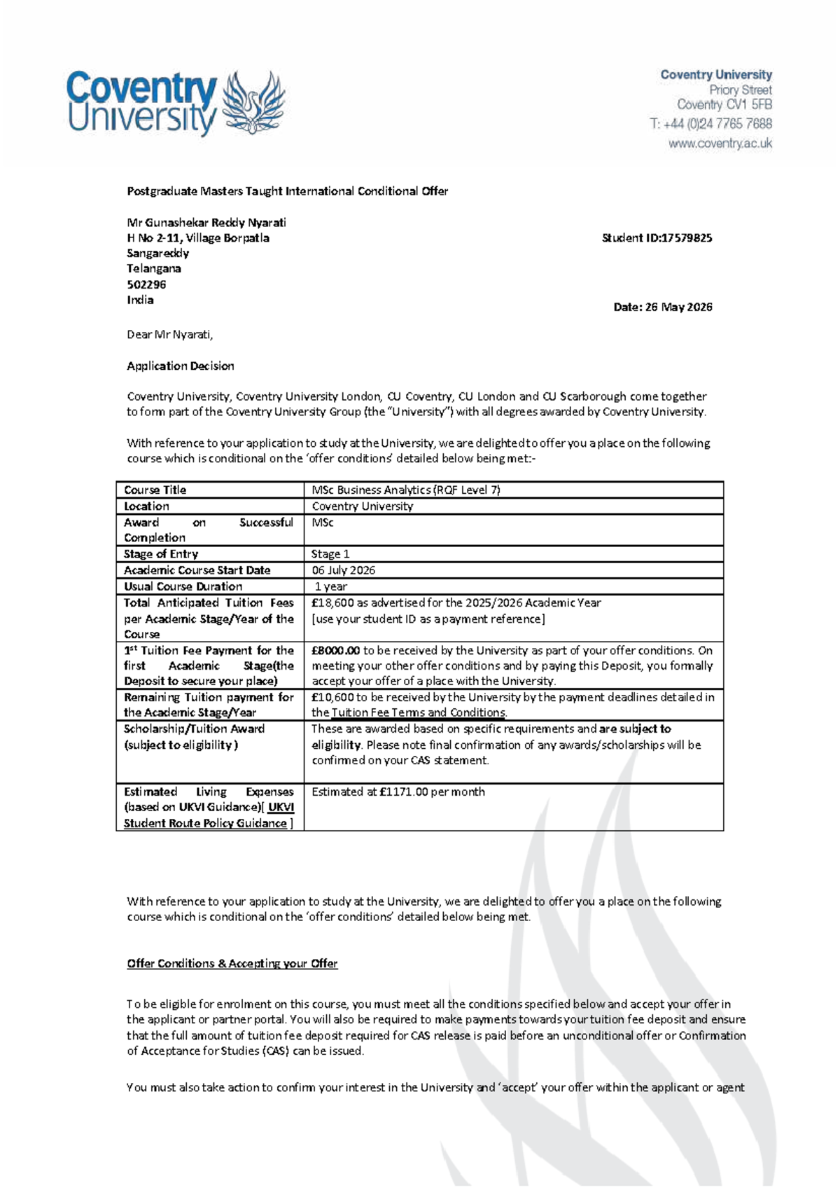Conditional Offer Letter for MSc Business Analytics (CBLT019 ...