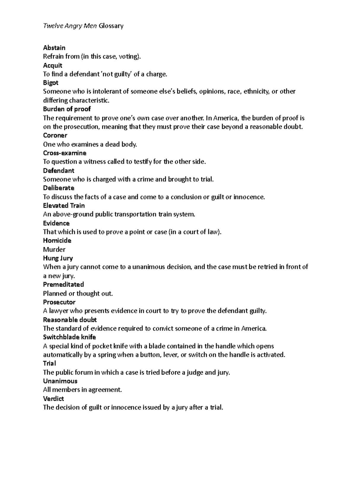12 Angry Men Glossary of Legal Terms and Concepts - Studocu