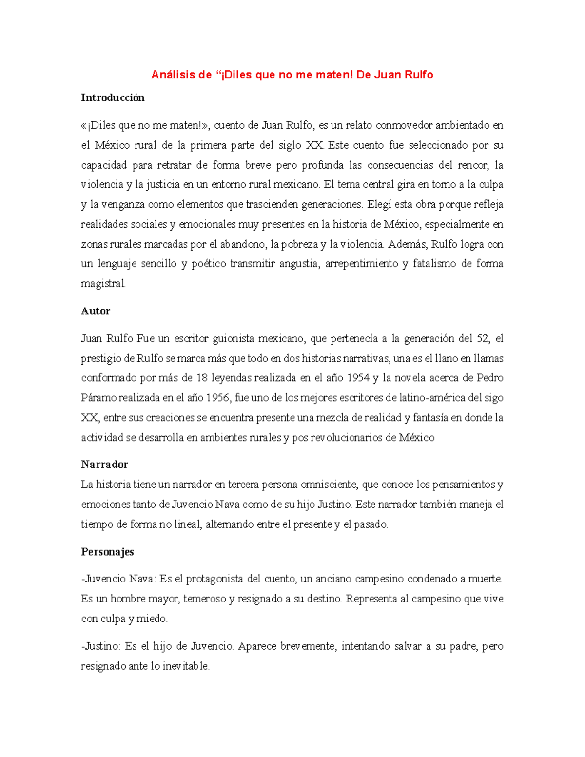 PIA LIT EQ6 - Análisis de "¡Diles que no me maten!" de Juan Rulfo - Studocu