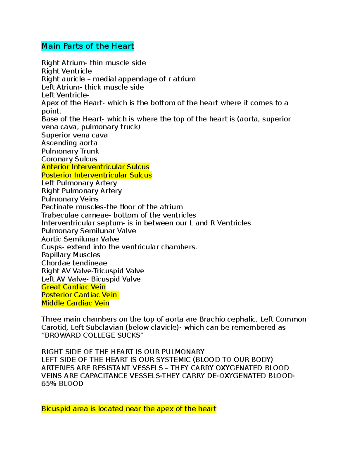 Study Guide FOR Midterm - Main Parts of the Heart Right Atrium- thin ...