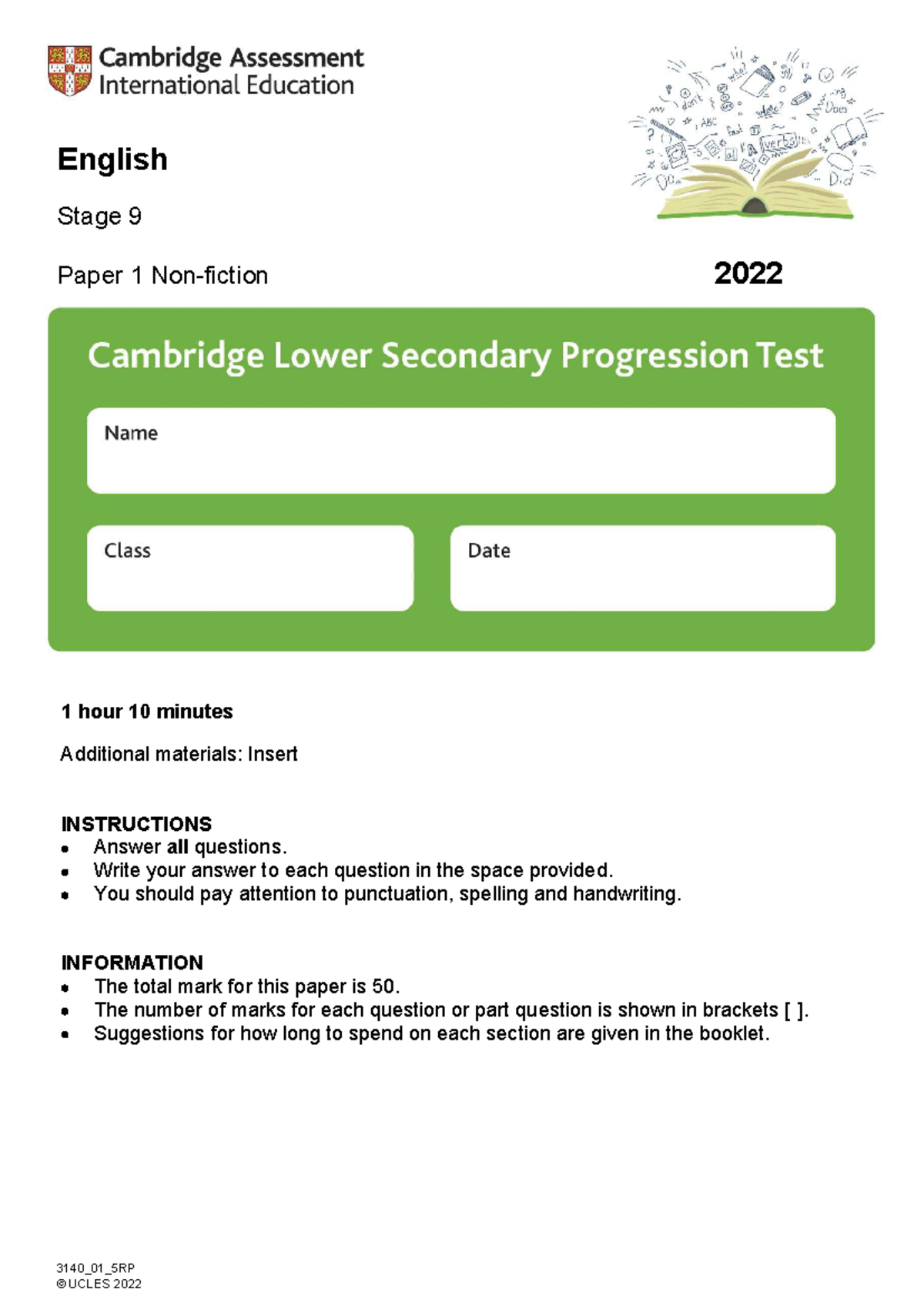 Progression Test Stage 9 English 2022 Paper 1 Exam Guide - Studocu
