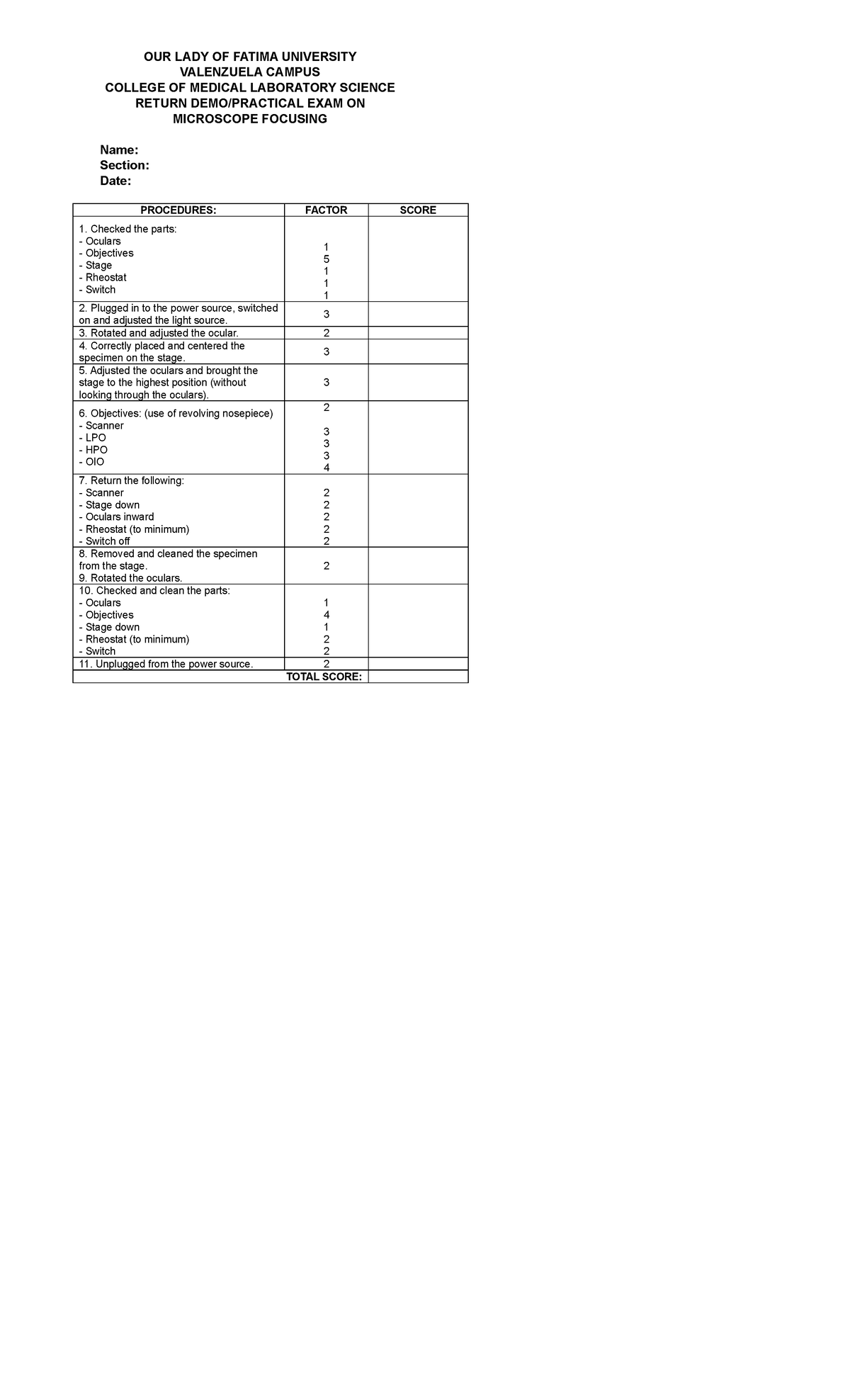 Microscopy Practical Exam Rubric - OLFU MCLS 2023 - Studocu