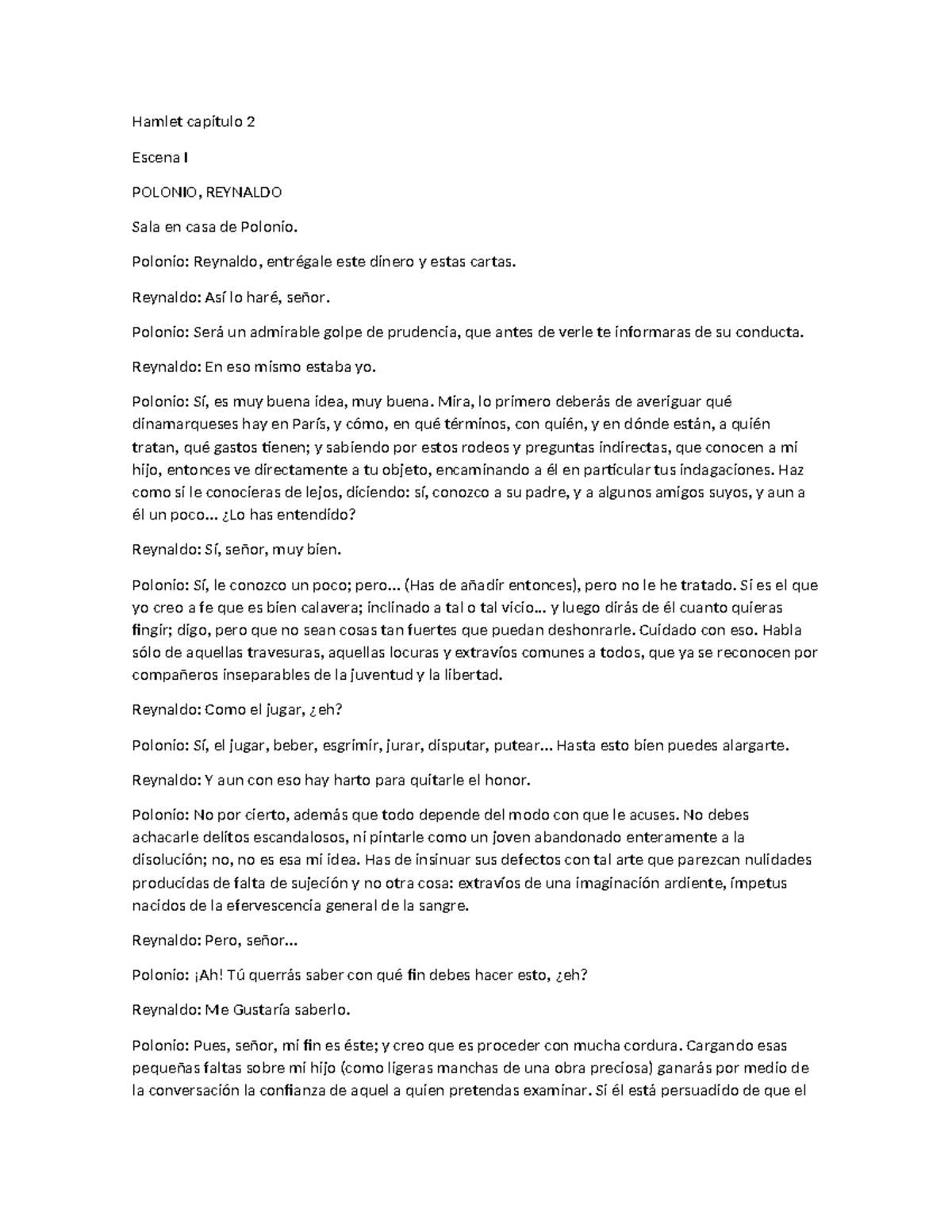 Hamlet Acto 2 Escena I: Polonio y Reynaldo en Casa de Polonio - Studocu
