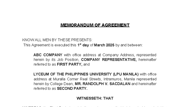 Memorandum of Agreement: ABC Company & LPU Manila Partnership - Studocu
