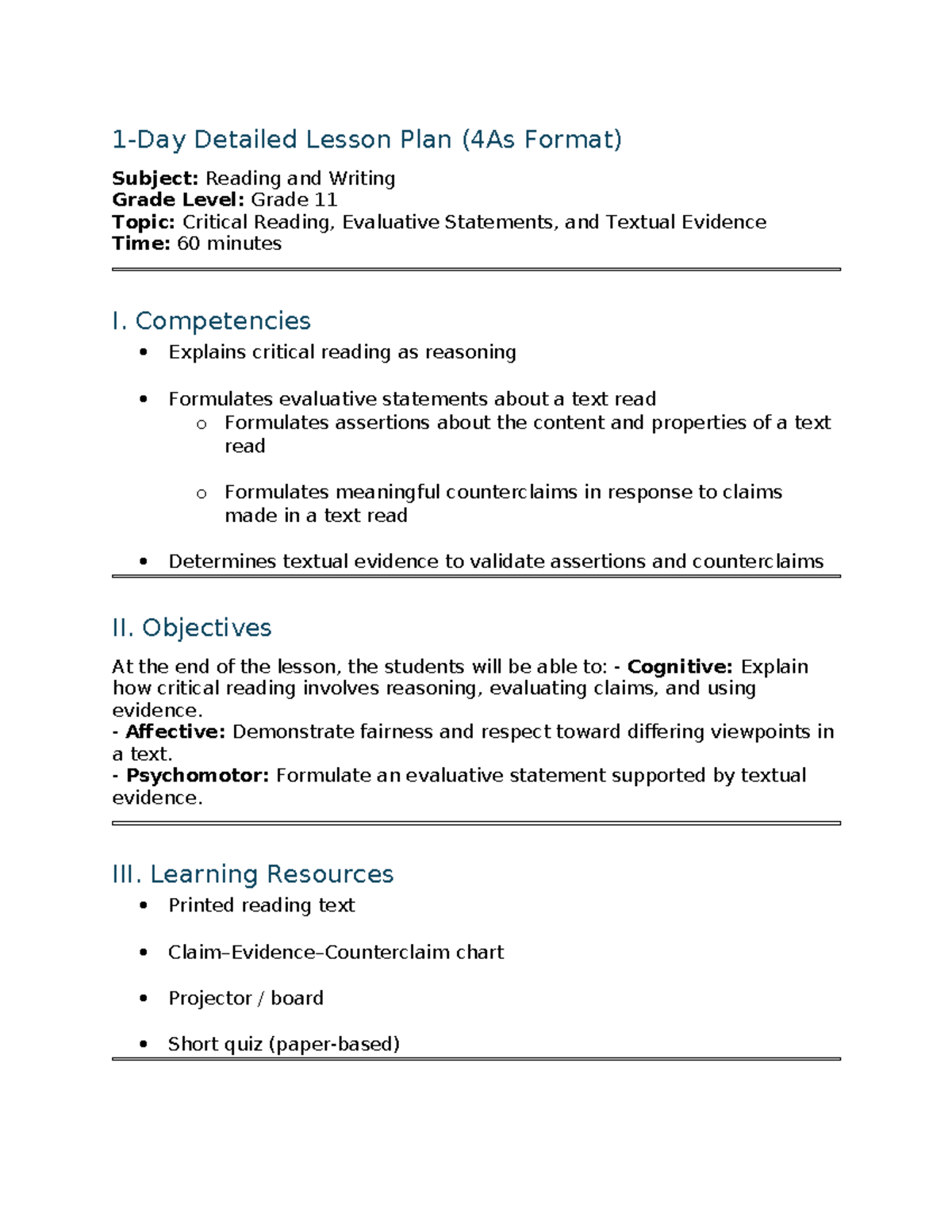 Detailed Lesson Plan: Critical Reading & Evaluative Statements (Grade ...