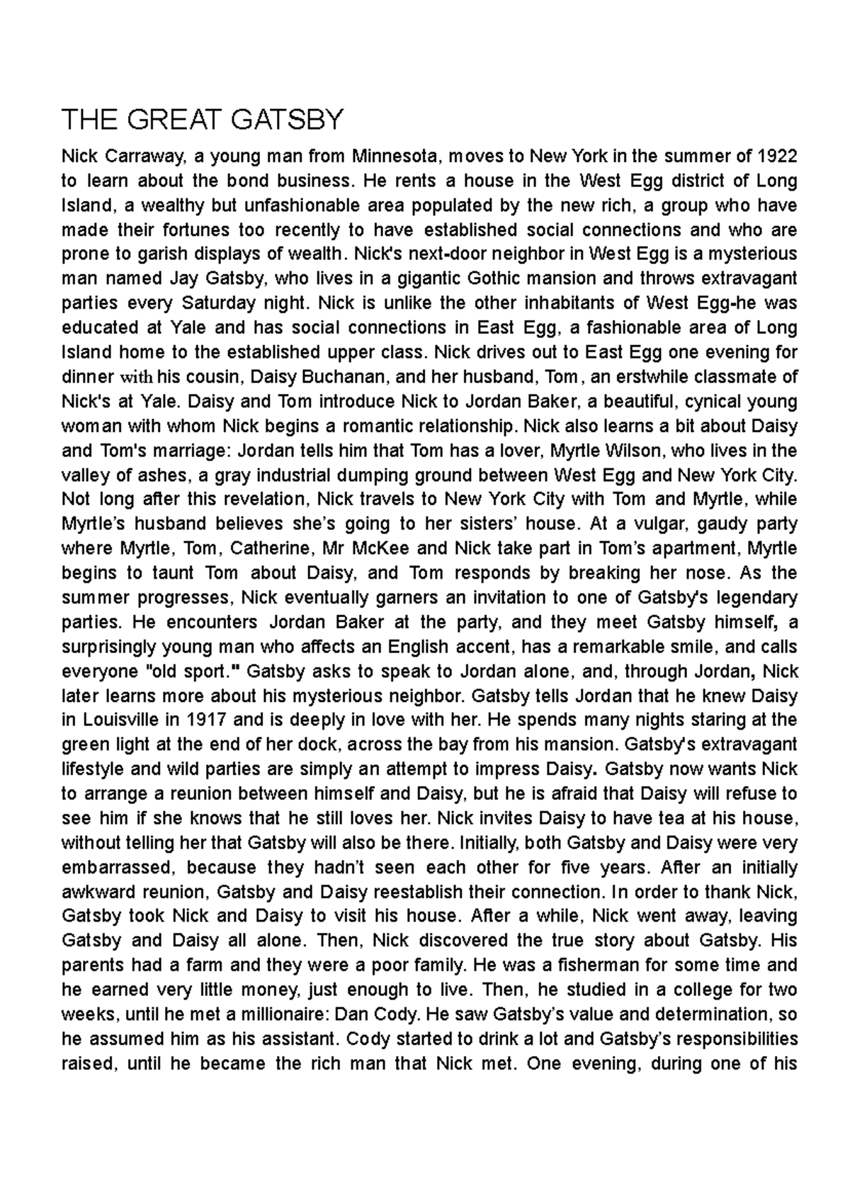 THE GREAT GATSBY (ENG 101) Summary and Analysis of Key Themes - Studocu