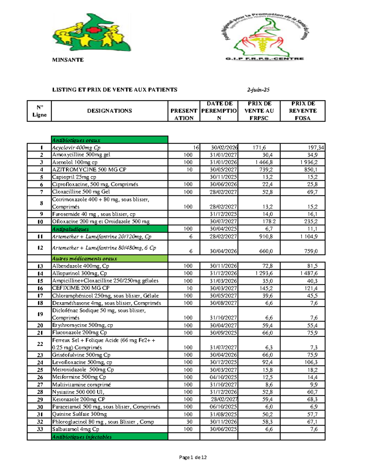 MINSANTE LISTING DES MEDICAMENTS FRPSC 2025 - PRIX DE VENTE - Studocu