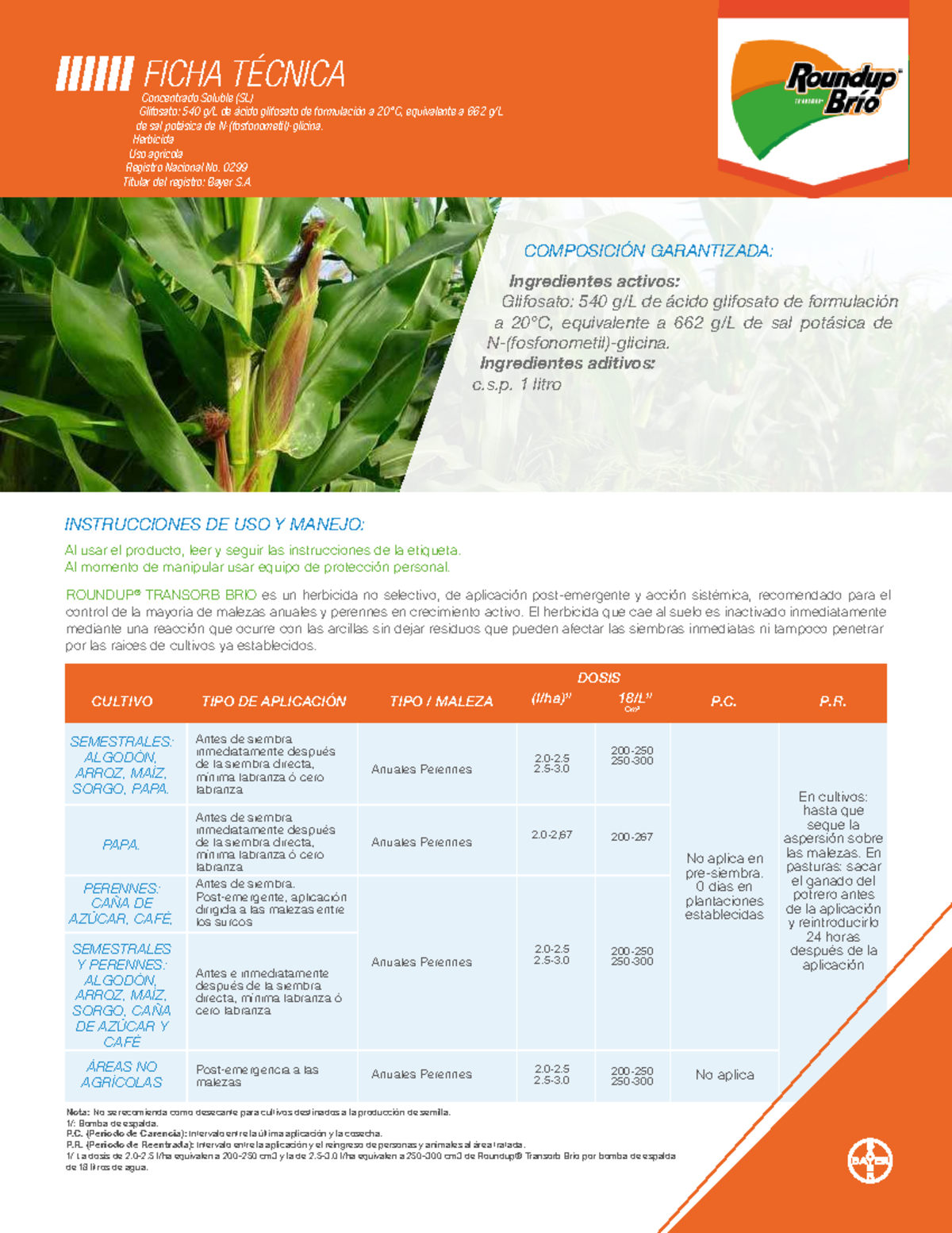FICHA TÉCNICA: Herbicida TRANSORB BRIO (Glifosato) - Bayer S.A. - Studocu