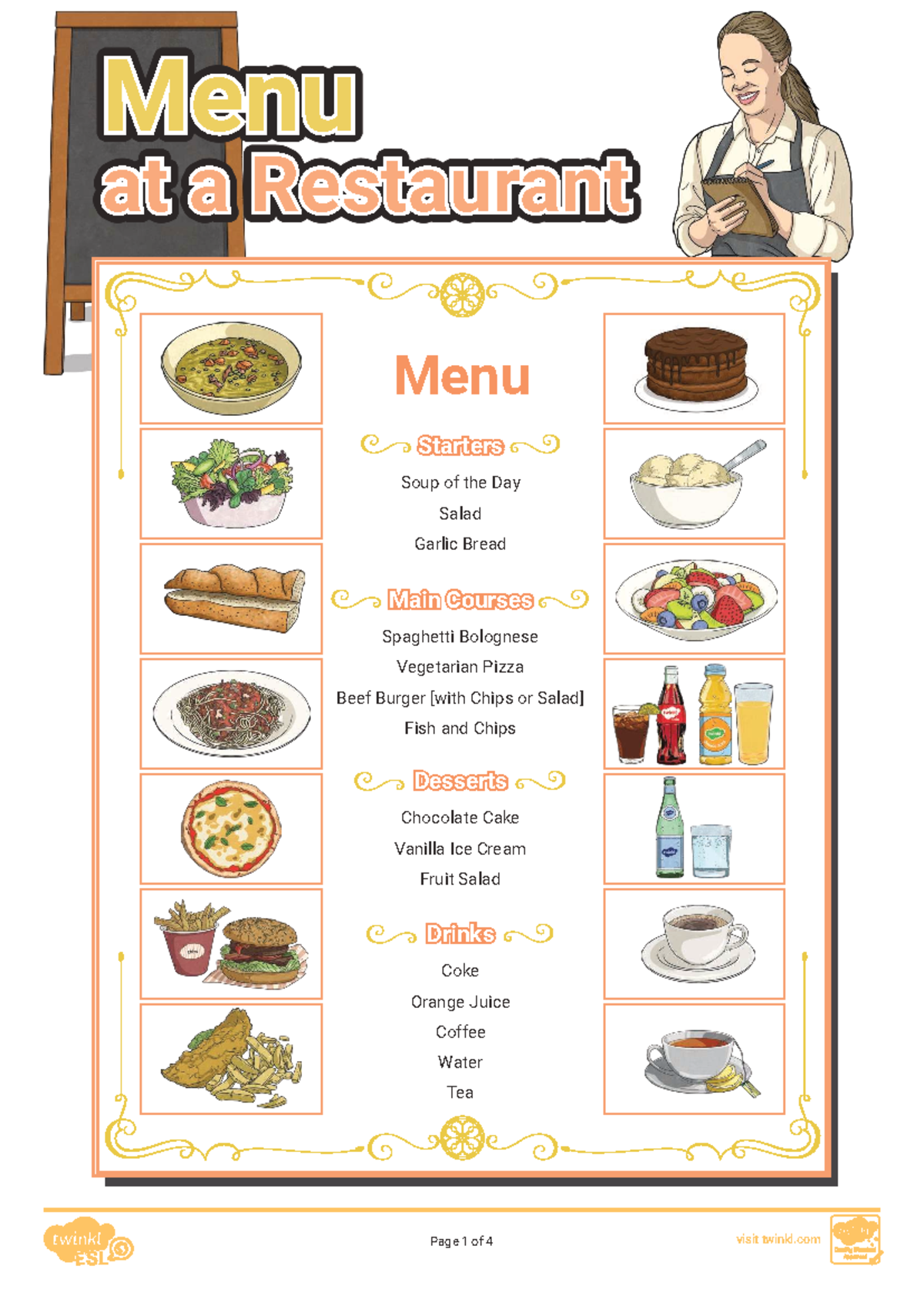 ESL A1 Reading Comprehension: Restaurant Menu Activities - Studocu