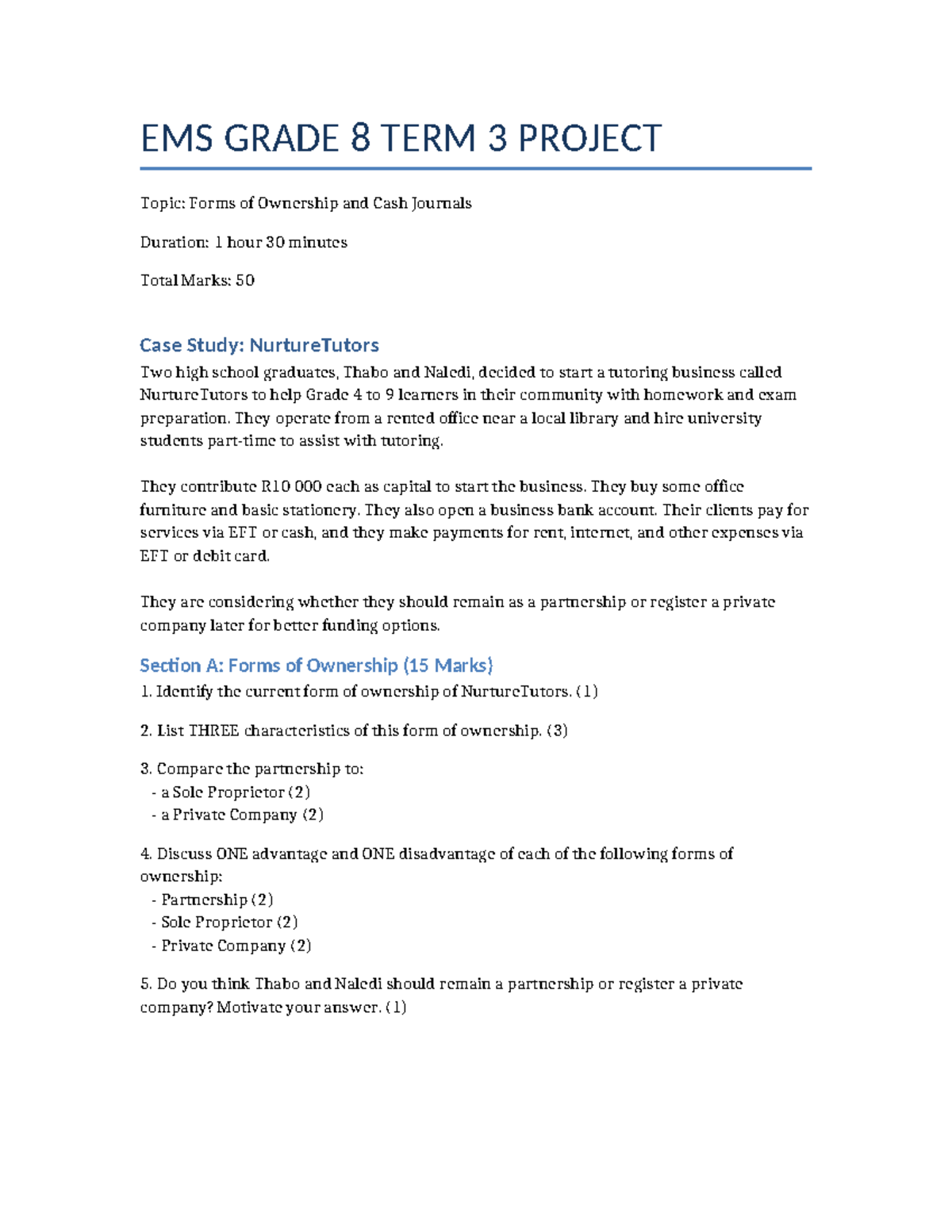 EMS GRADE 8 TERM 3 PROJECT: Forms of Ownership & Cash Journals Case Study - Studocu