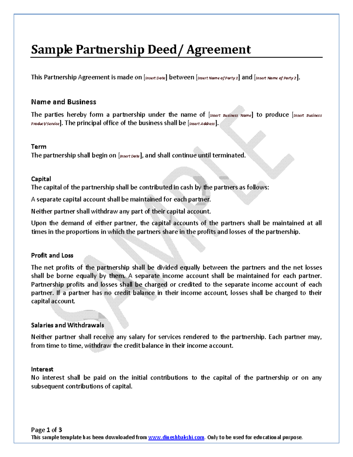 Sample Partnership Deed Template for Educational Purposes - Studocu
