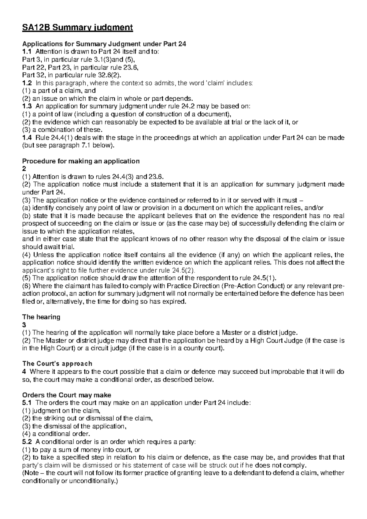 SA12B Summary Judgment Applications: Key Rules & Procedures - Studocu