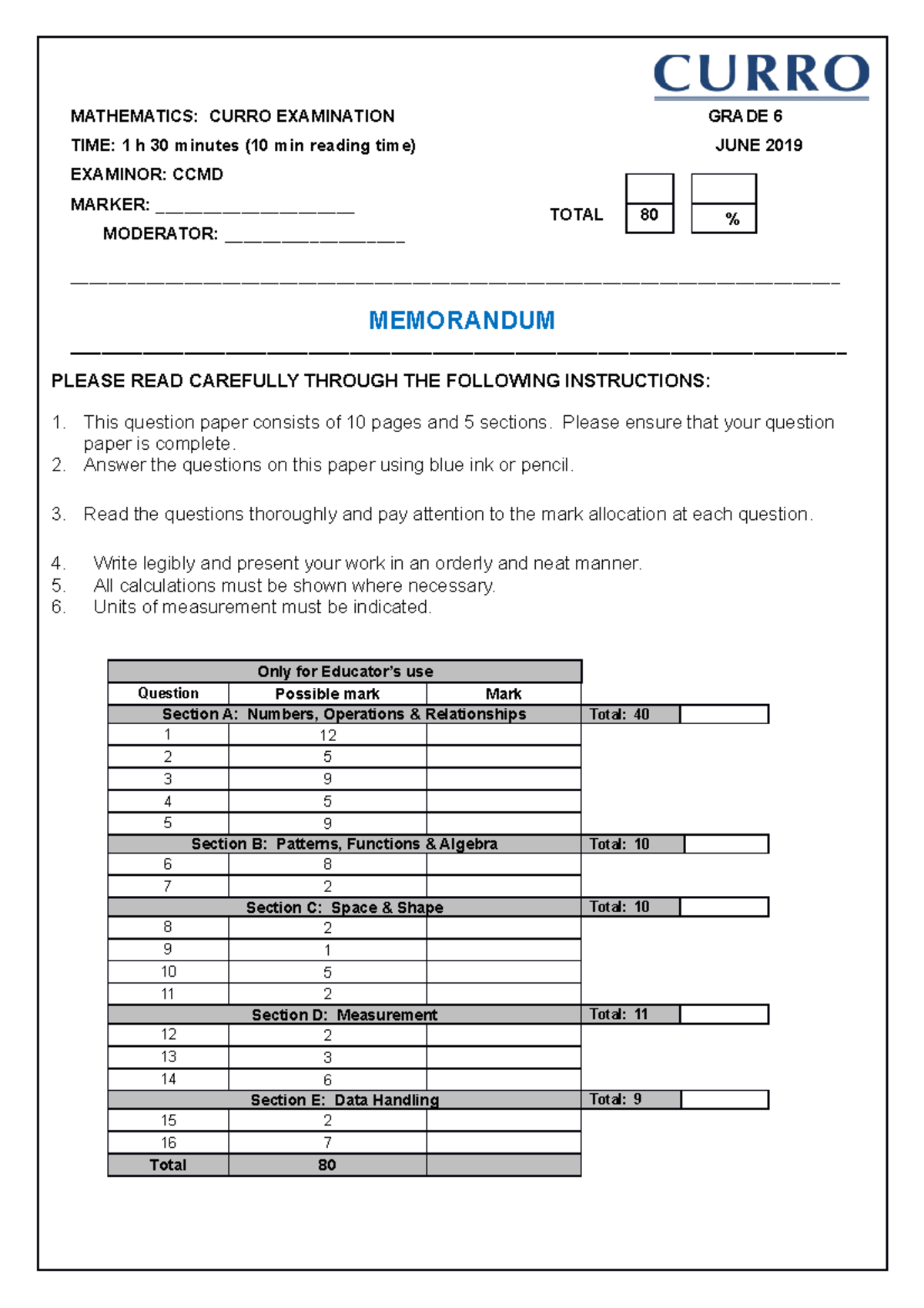 Math June 2019 Grade 6 Examination Memorandum And Solutions Studocu