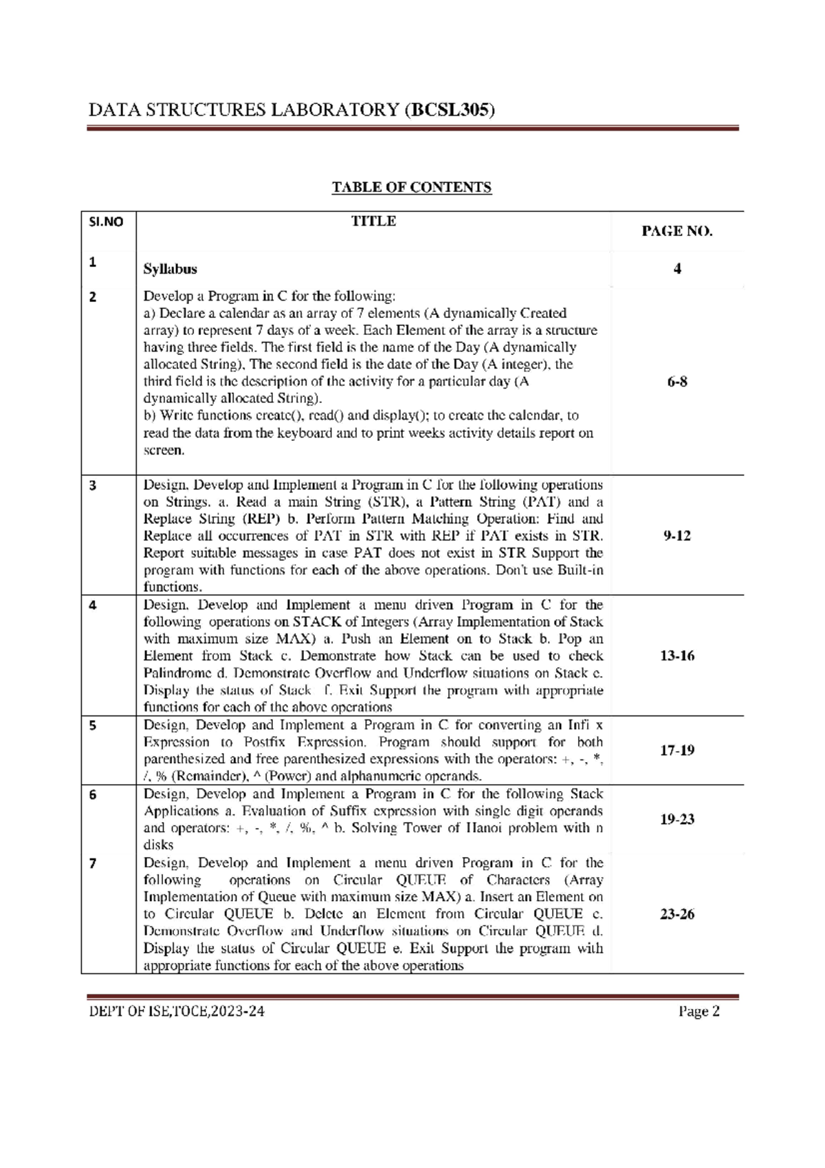 C Programming for Data Structures Laboratory Tasks (BCSL305) - Studocu