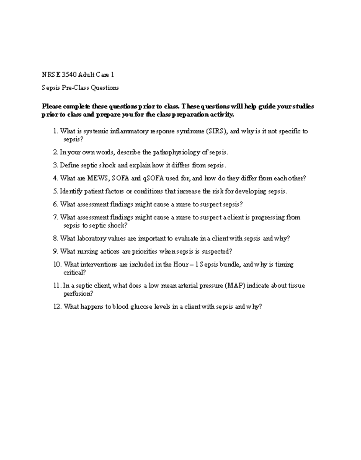 NRSE 3540 Adult Care 1: Pre-Class Sepsis Questions and Study Guide ...