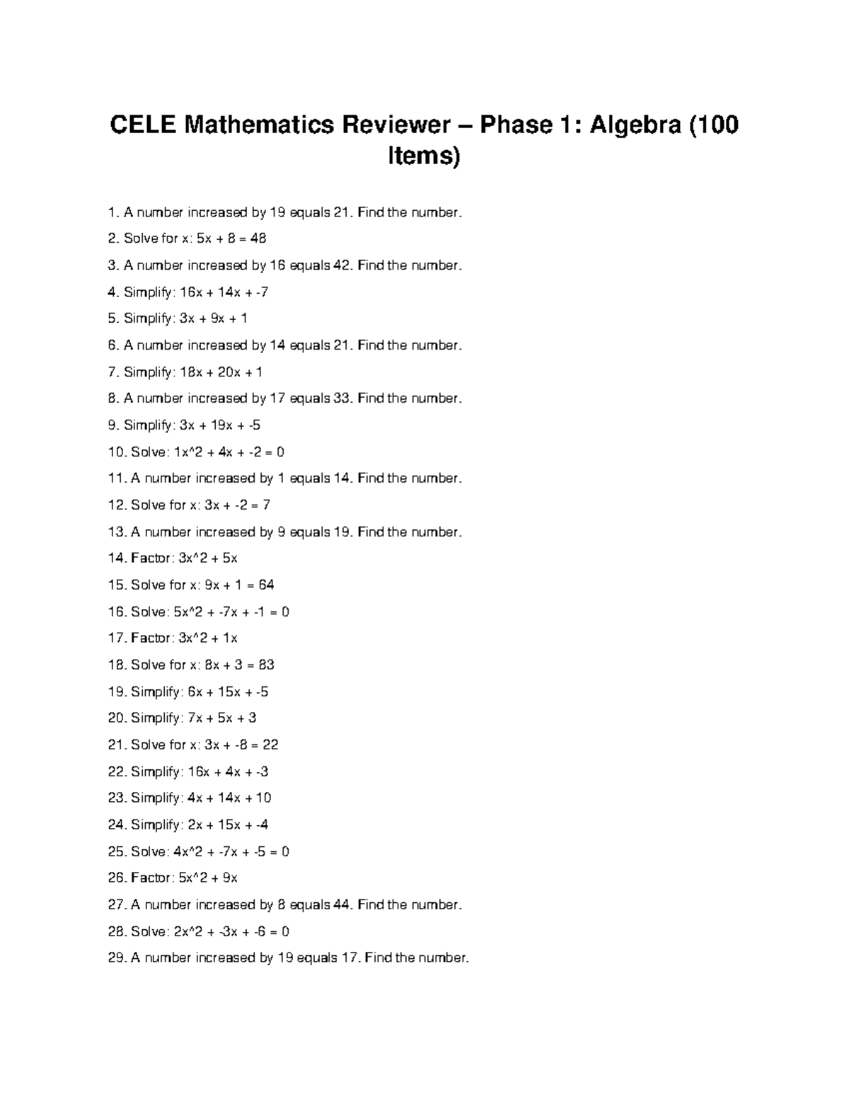 CELE Mathematics Reviewer Phase 1: Algebra (100 Questions) - Studocu