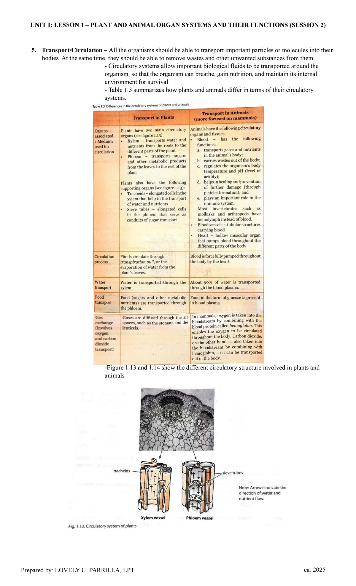 UNIT I: LESSON 1 - PLANT & ANIMAL ORGAN SYSTEMS FUNCTIONS - Studocu