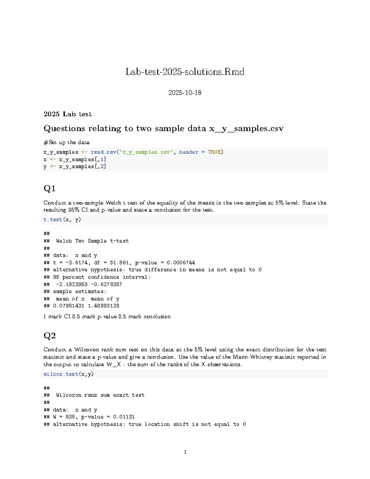 Lab Test 2025 Solutions: Statistical Analysis & Tests - Studocu