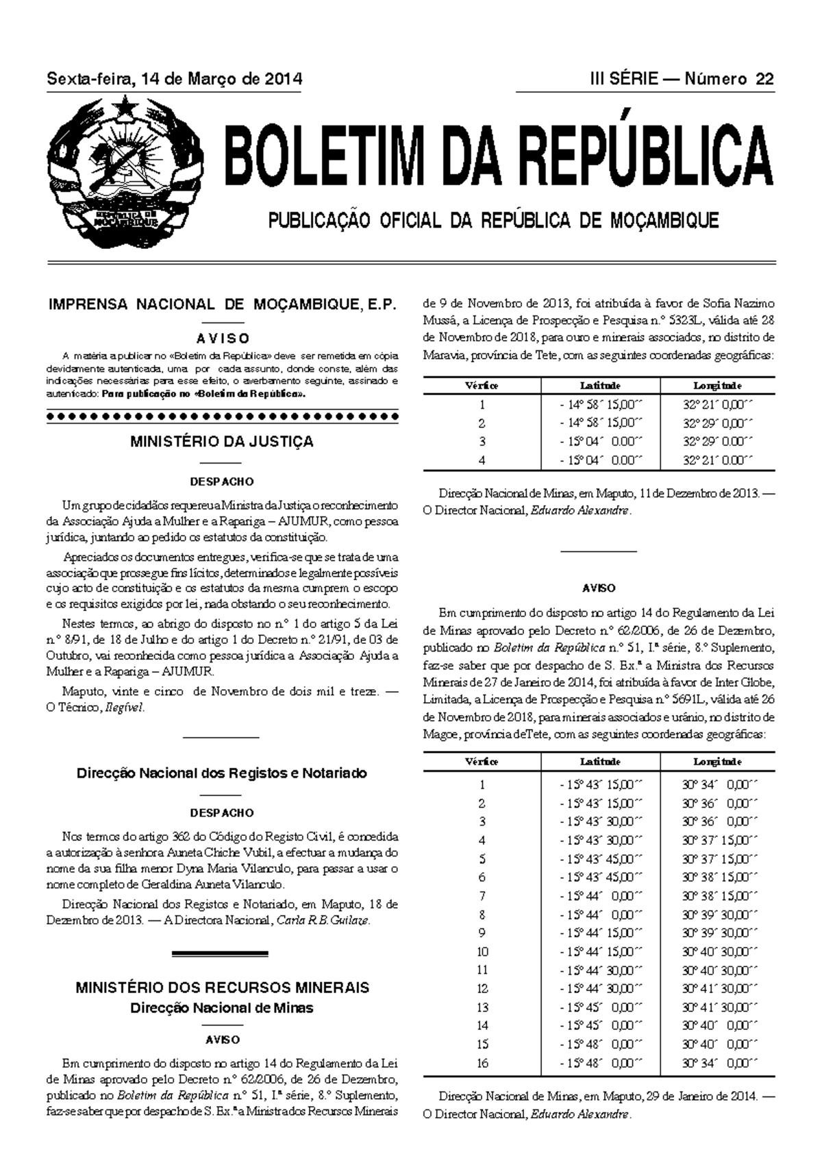 Boletim da República - III Série nº 22 de 2014 - Avisos e Despachos ...