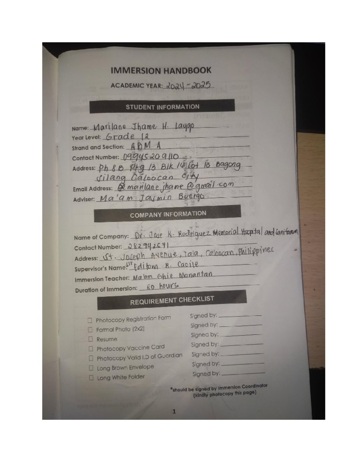 IMMERSION HANDBOOK GRADE 12 ABM A: STUDENT & COMPANY INFO - Studocu