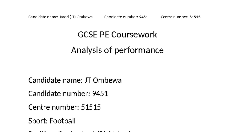 GCSE PE Coursework: Performance Analysis of Jared (JT) Ombewa - Studocu