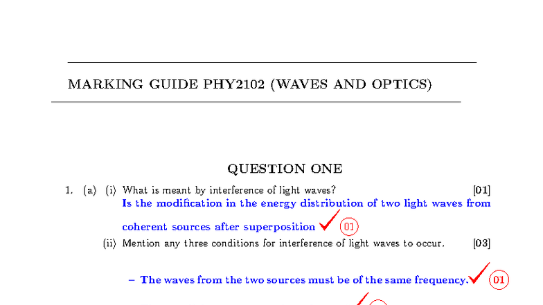 WAVES AND OPTICS MARKING GUIDE PHY2102: INTERFERENCE & DIFFRACTION - Studocu