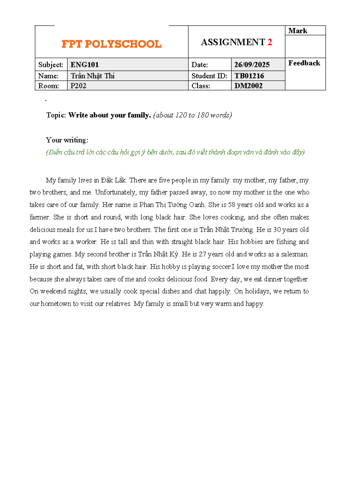 ENG101 Assignment 2: Family Description Essay - Studocu