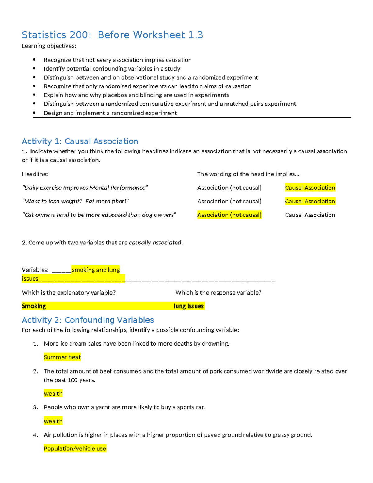 Statistics 200: Understanding Association vs. Causation Worksheet - Studocu