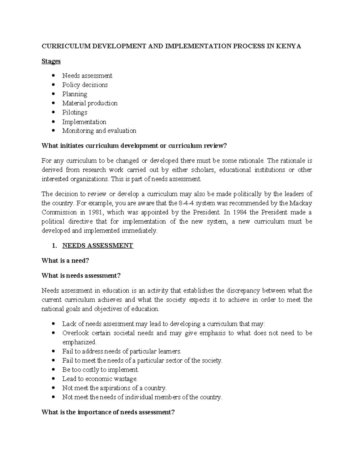 Needs Assessment & Planning in Curriculum Dev. BSE3109 2024 - Studocu
