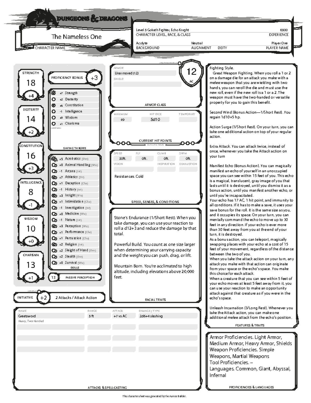 Level 5 Echo Knight Character Sheet - The Nameless One (D&D 5E) - Studocu