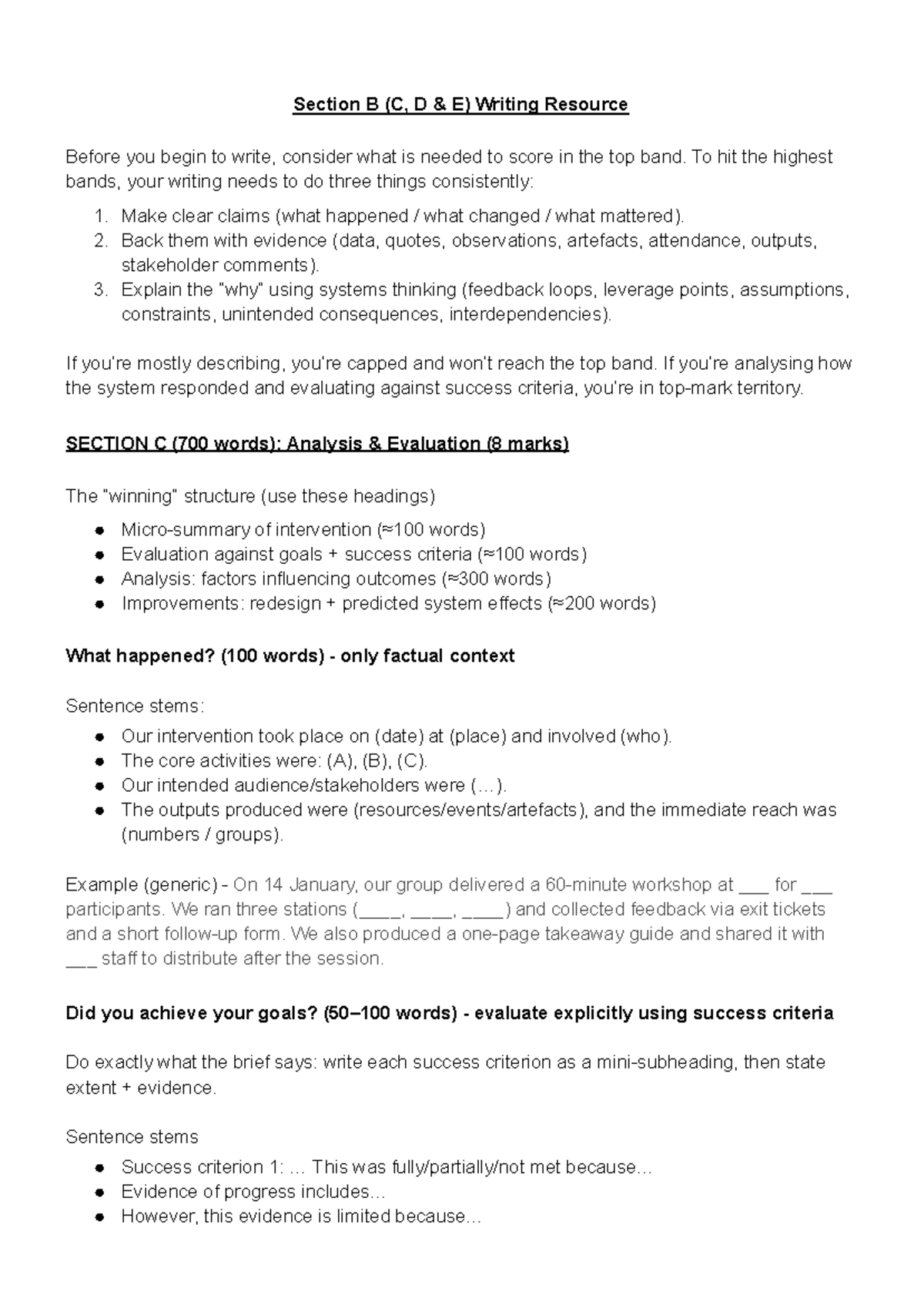 Section B (C, D & E) Writing Resource: Top Band Writing Strategies ...