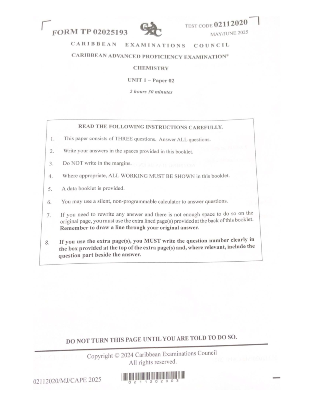 CAPE CHEMISTRY UNIT 1 Paper 02 - 2025 Exam Instructions and Questions ...