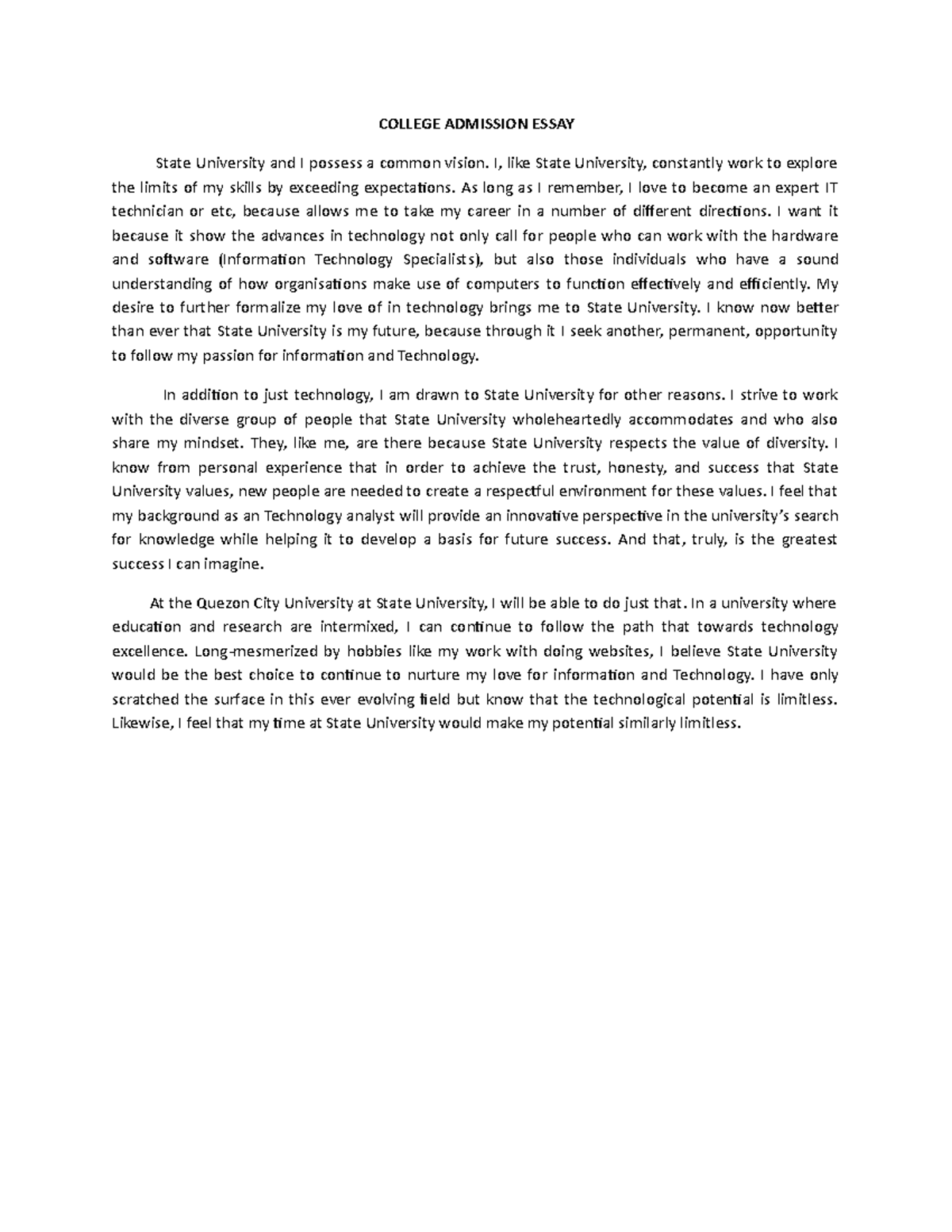 College Admission Essay - COLLEGE ADMISSION ESSAY State University and ...