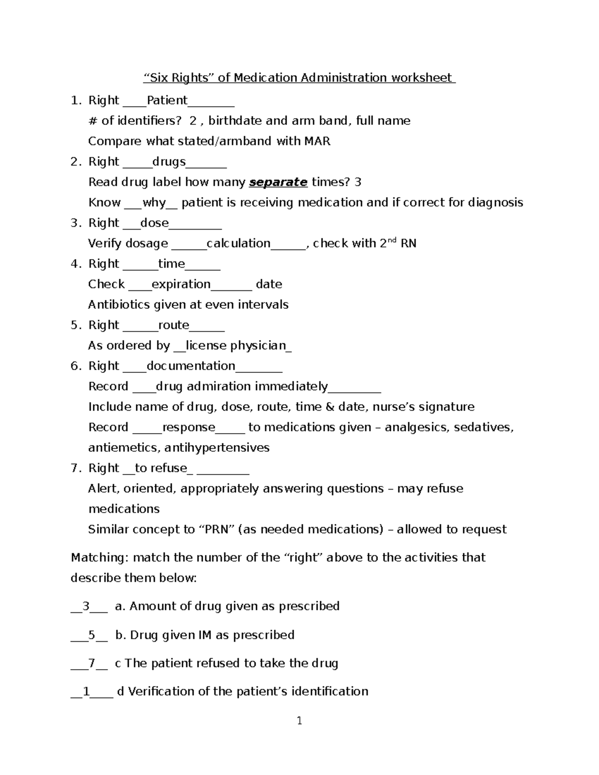 Six Rights worksheet - n/a - “Six Rights” of Medication Administration ...