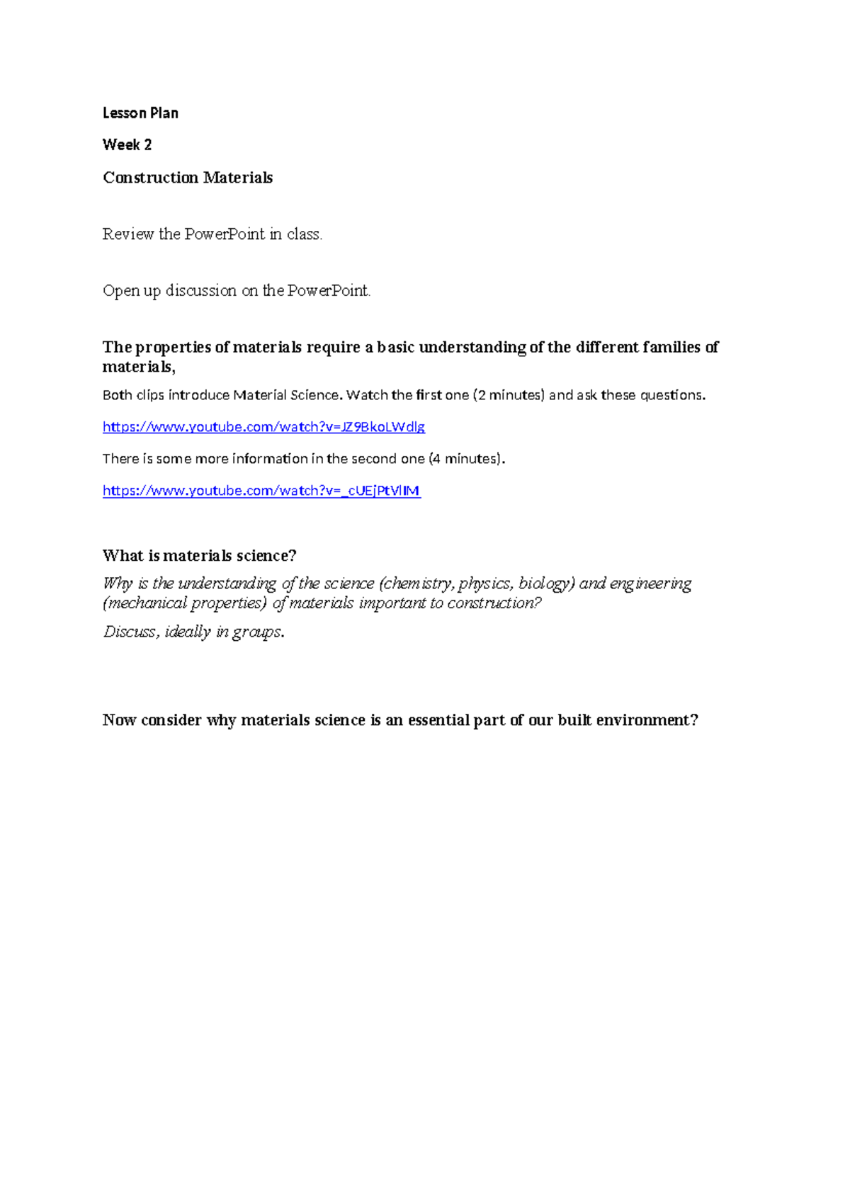 Tutorial 2 Lesson Plan 2025 - Lesson Plan Week 2 Construction Materials ...