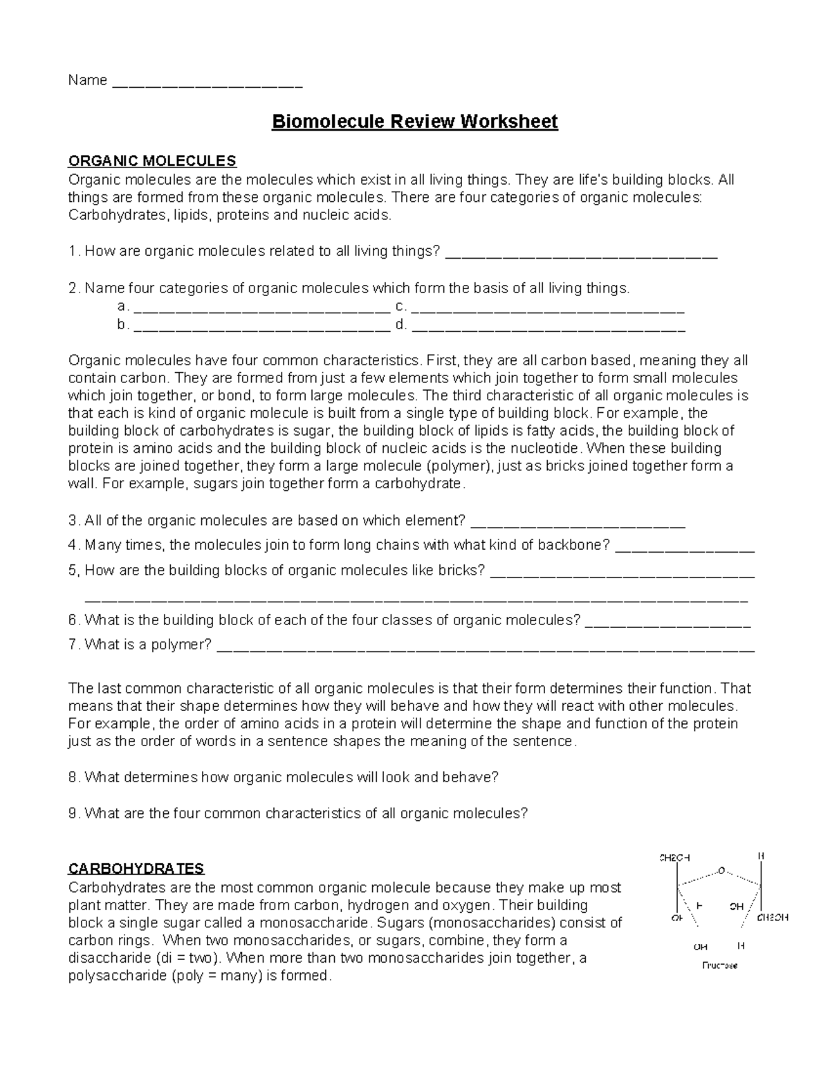 Biomolecule Review Worksheet: Key Concepts on Organic Molecules - Studocu