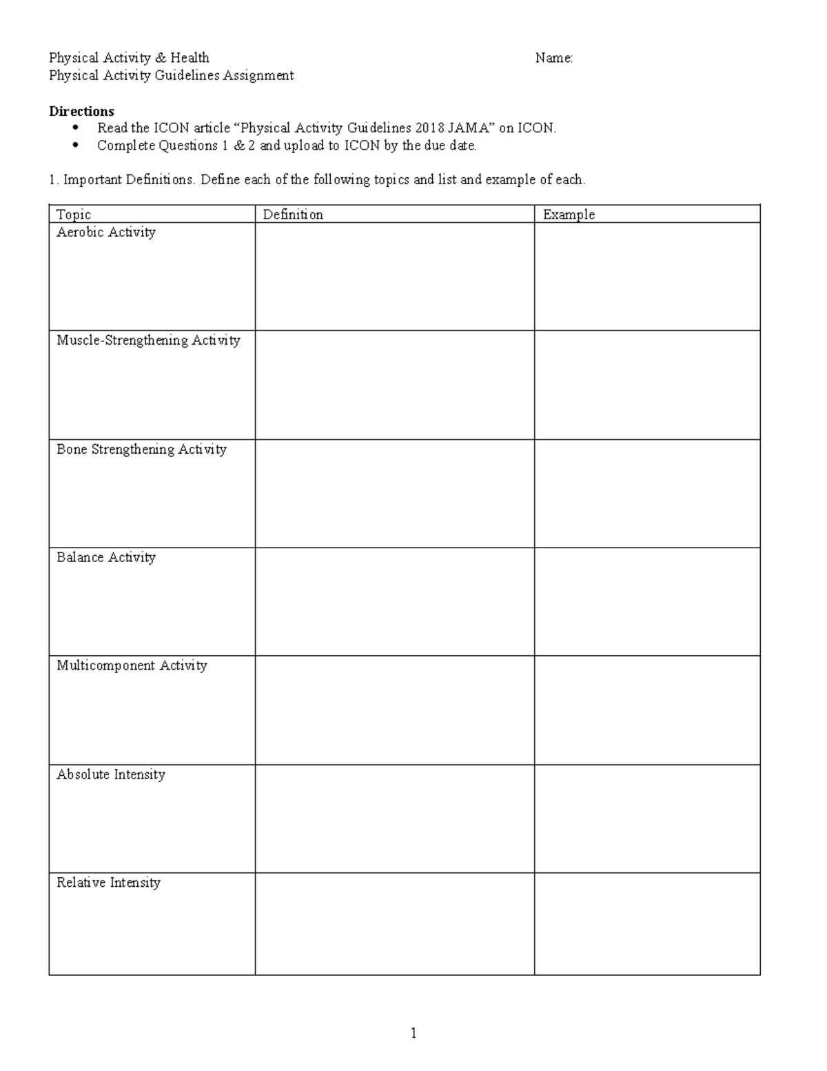 Physical Activity Guidelines Assignment PA101 Worksheets - Studocu