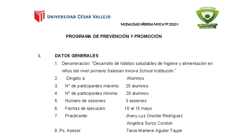 Esquema Programa Prevencion- Promocion Jhany - Angelica 1 - PROGRAMA DE PREVENCIÓN Y PROMOCIÓN I ...