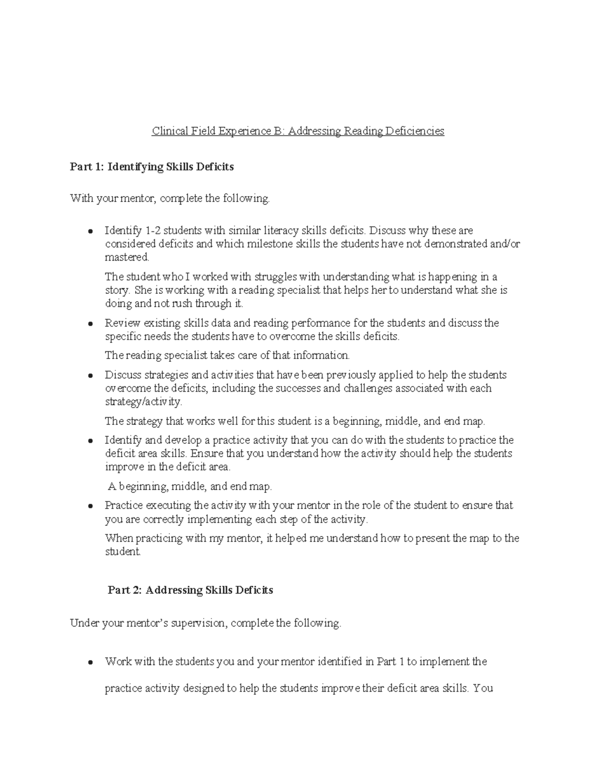 Clinical Field Experience B: Addressing Reading Deficiencies Part 1 & 2 ...