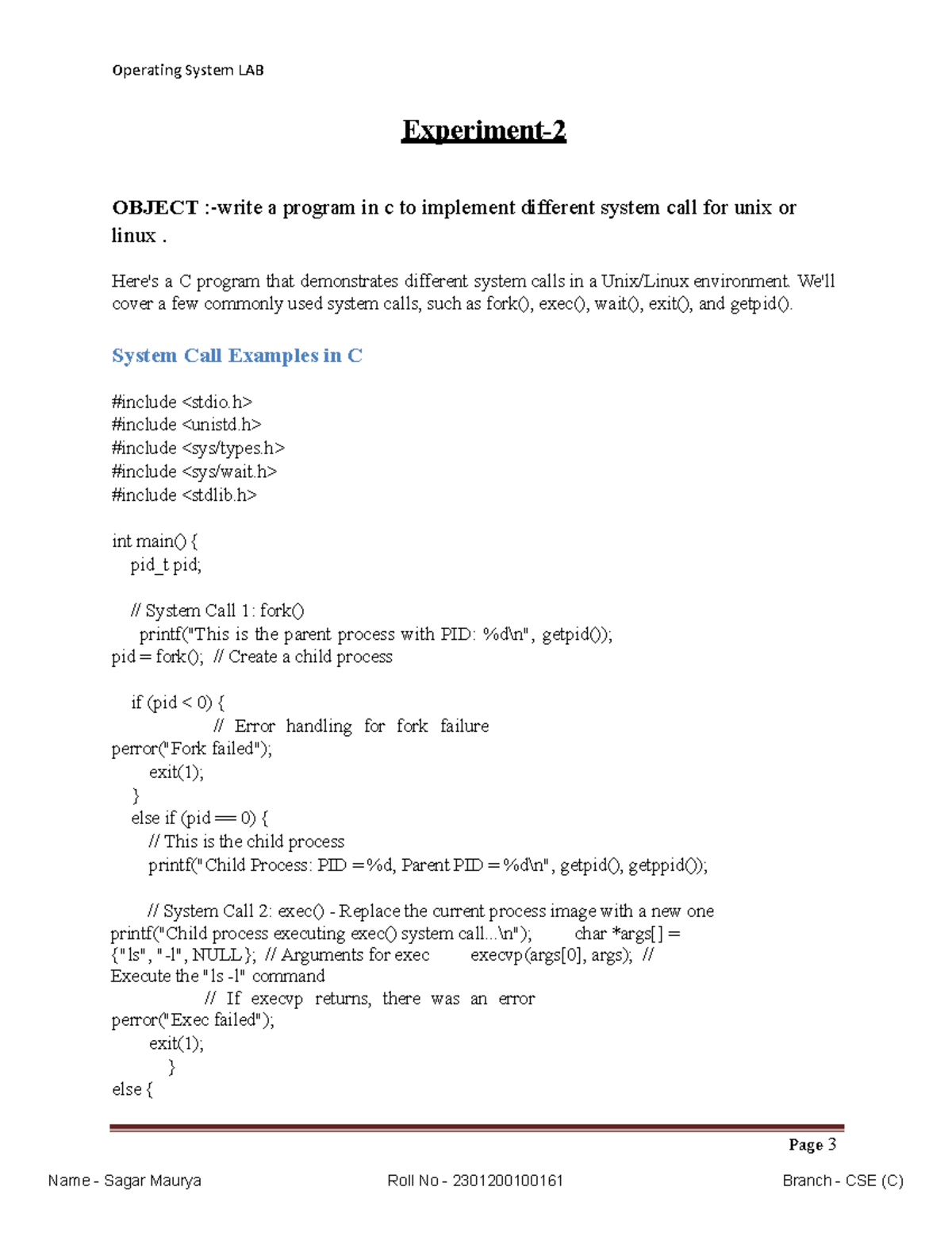 CSE Operating System Lab: C Program for System Call Implementation ...