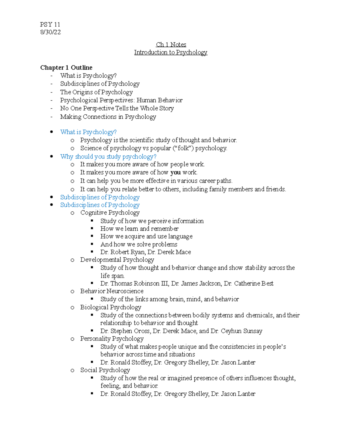 PSY 11 Final Exam Notes: Introduction to Psychology Overview - Studocu