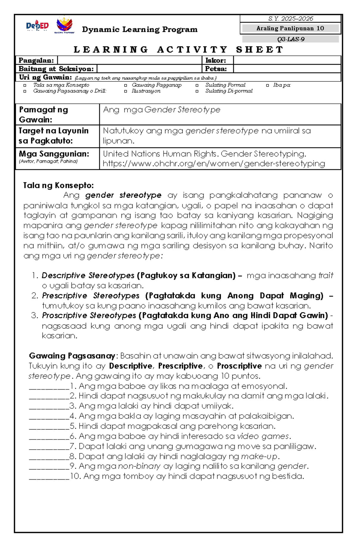 Q3 AP10 LAS9 Gender Stereotypes Learning Activity Sheet - Studocu
