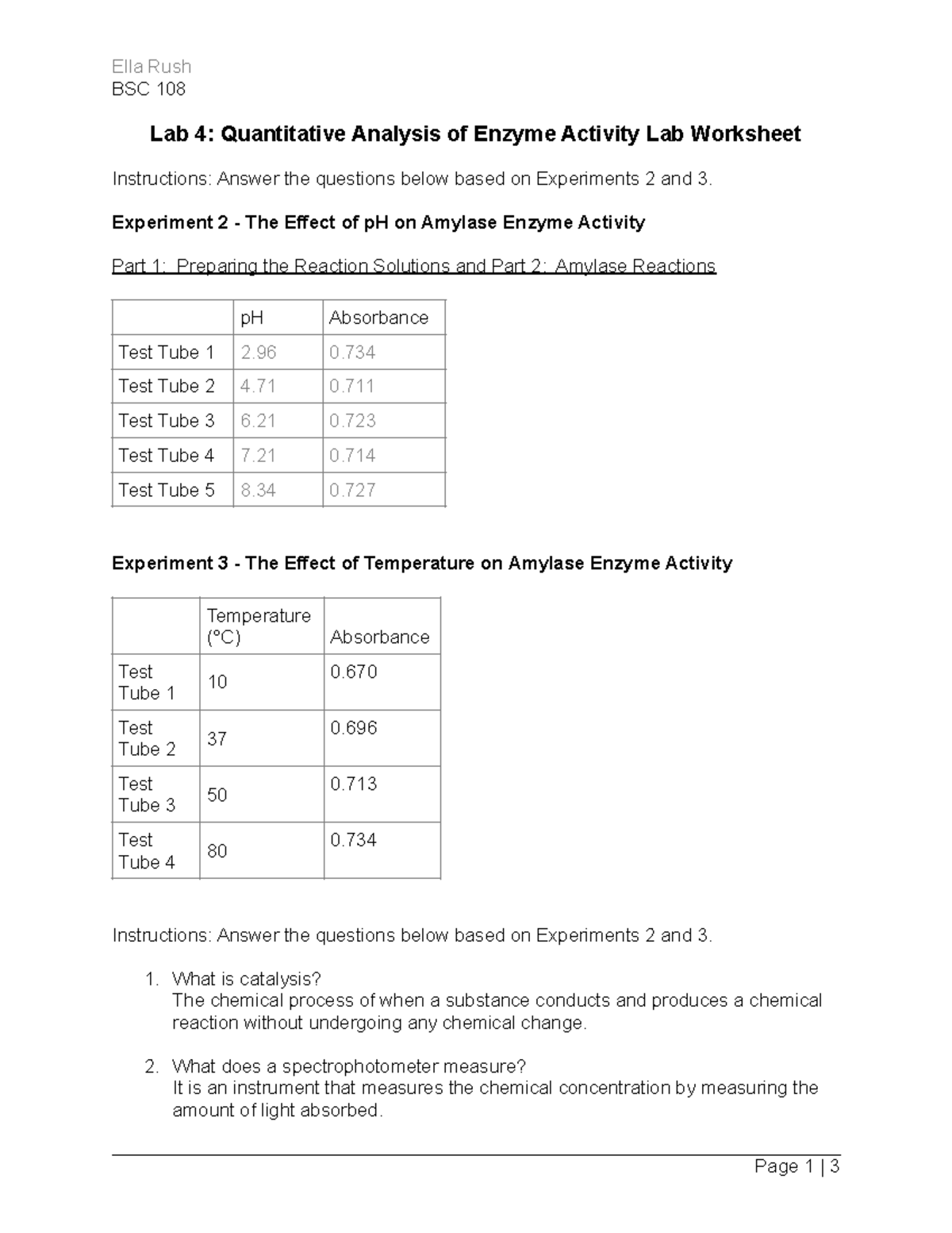 BSC 108 Lab 4: Enzyme Activity Analysis Worksheet - Studocu