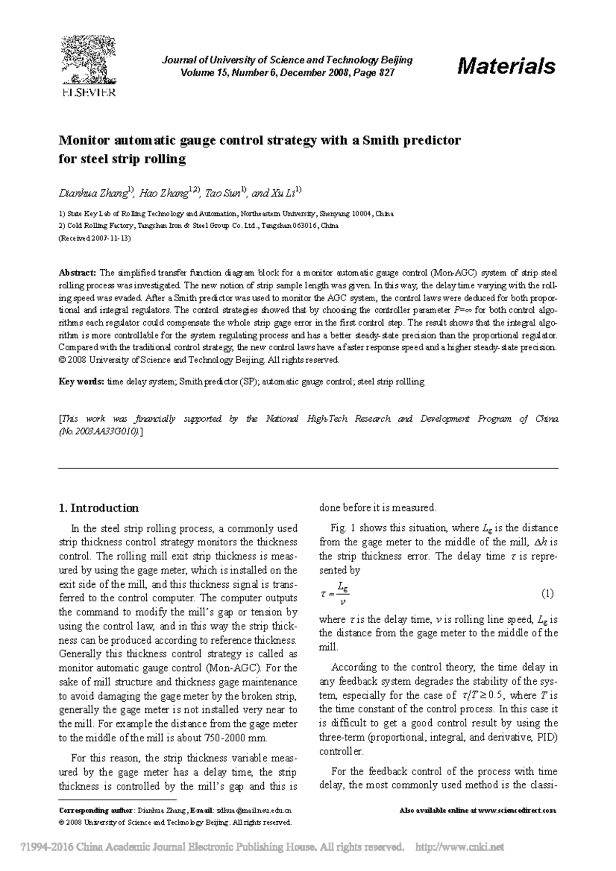 Monitor AGC Strategy with Smith Predictor for Steel Strip Rolling - Studocu