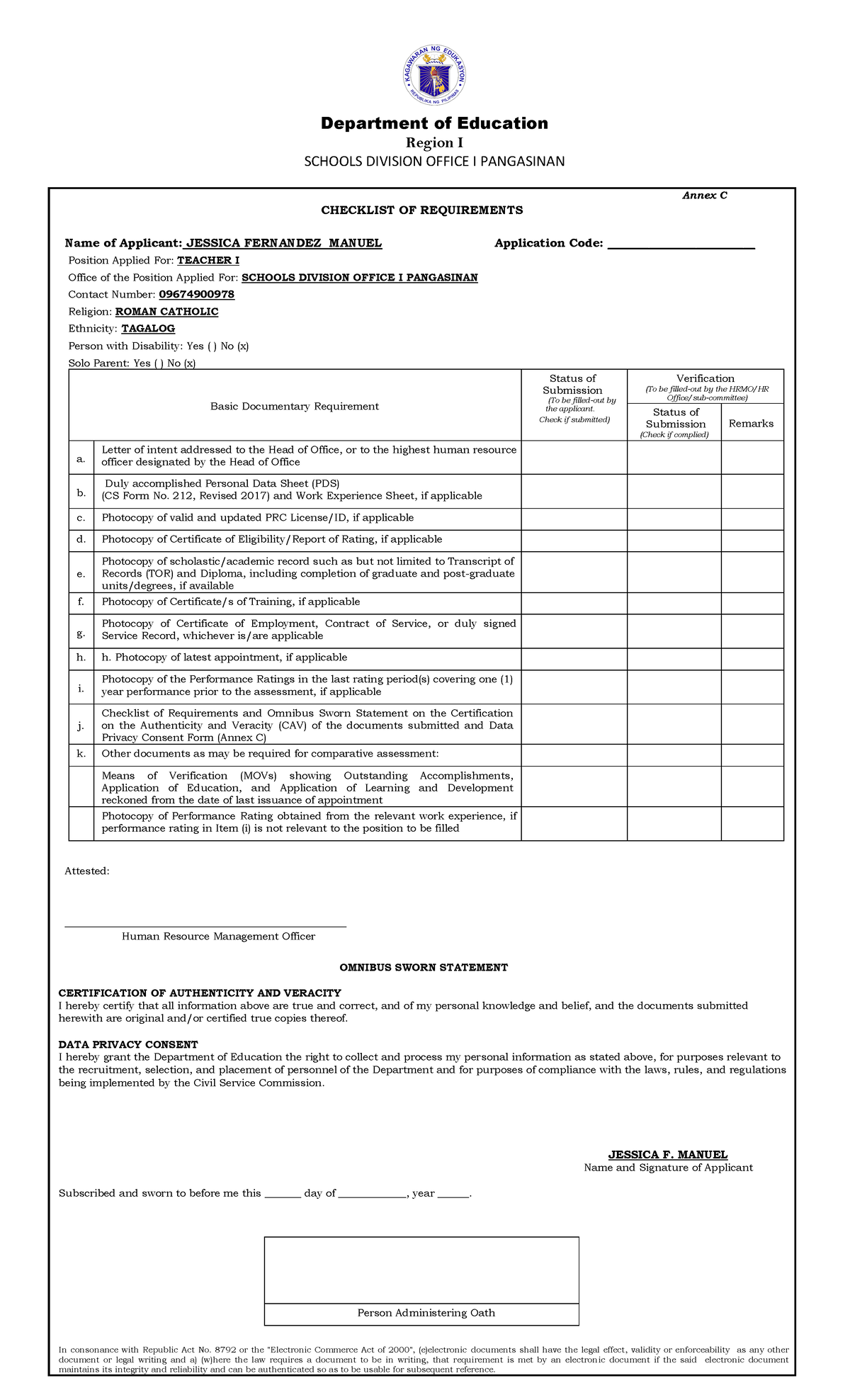 EME SCIS Teacher I Application Checklist - Annex C for Jessica - Studocu