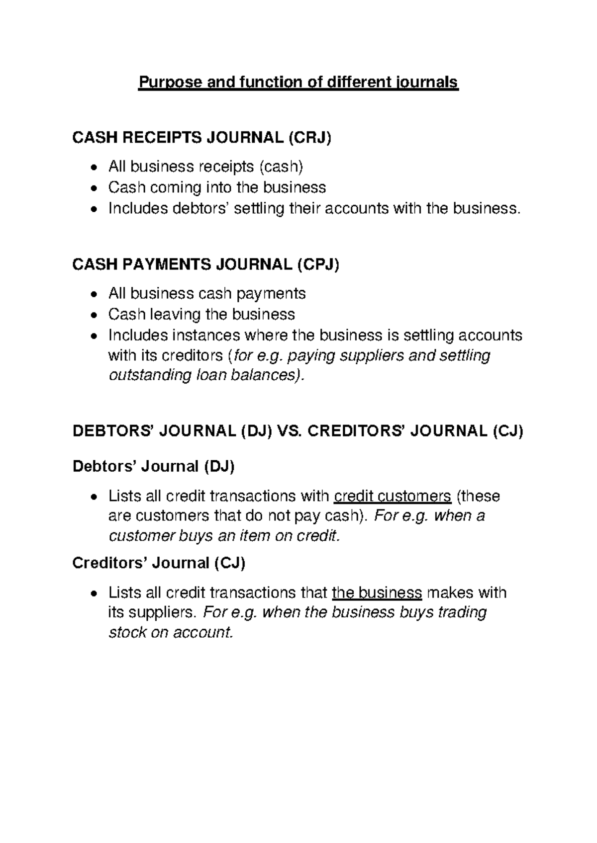 CASH JOURNALS: Purposes & Functions of CRJ, CPJ, DJ, CJ - Studocu
