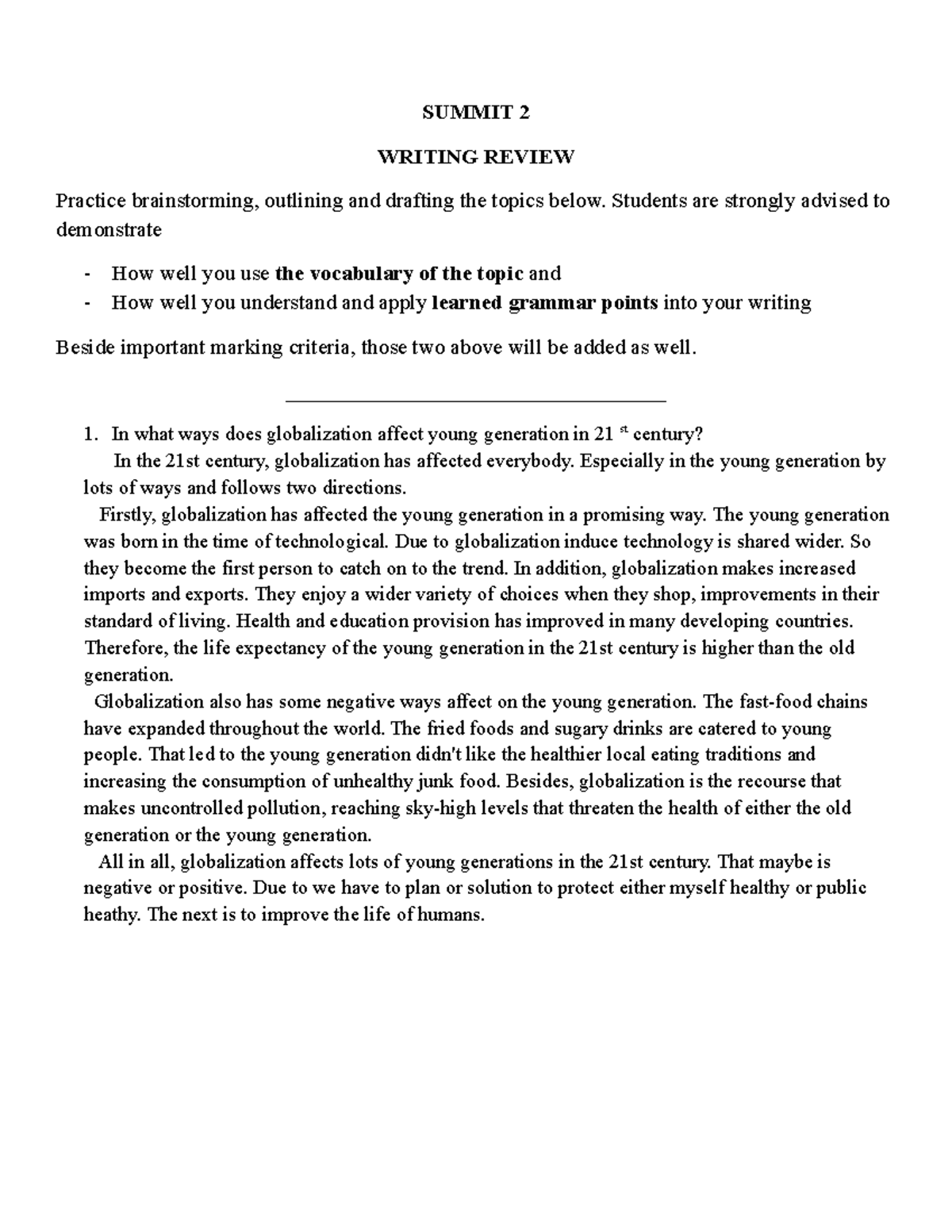 Summit 2 - Writing Review: Globalization & Future Living Possibilities ...