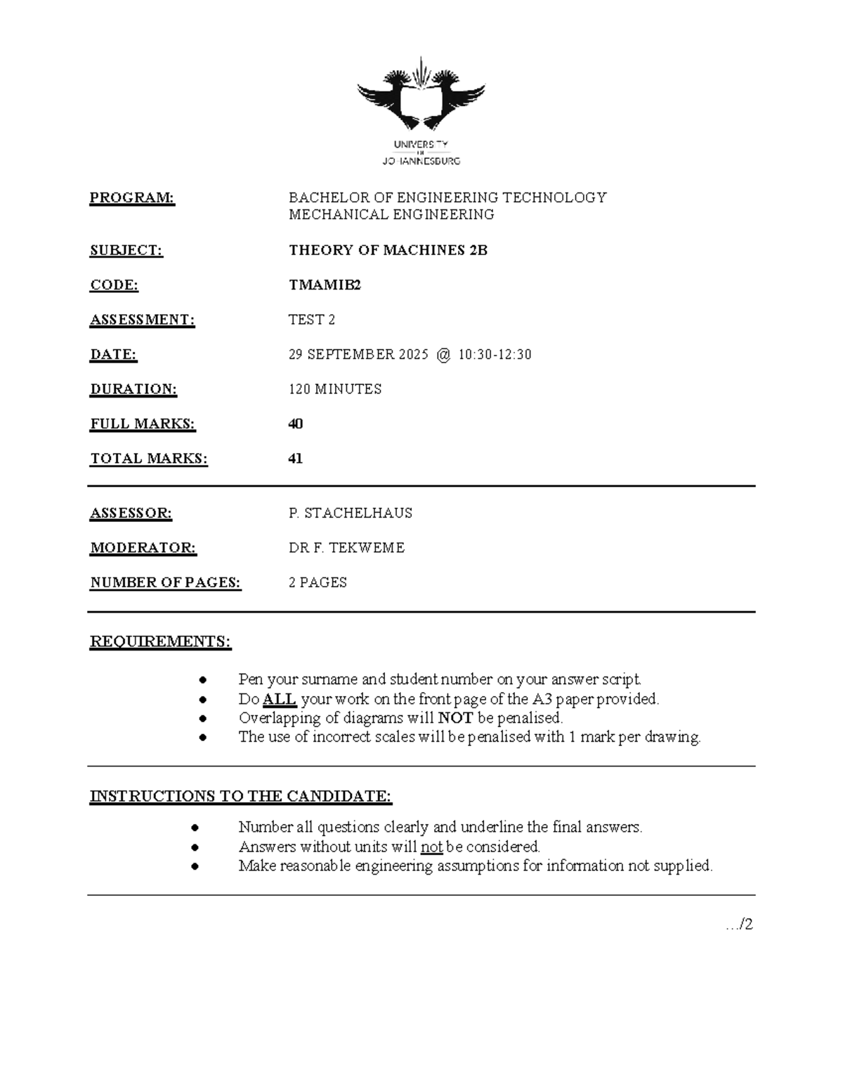 TMAMIB2: Test 2 - Theory of Machines 2B - 29 Sept 2025 Memo - Studocu